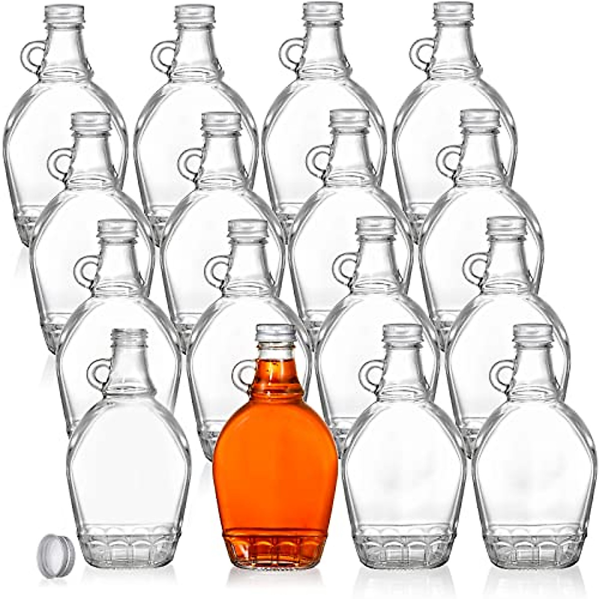 Bekith 16 Pack 8 Ounce Glass Maple Syrup Bottles, Clear Glass Bottle Set with Loop Handle & Sliver Plastic Lids for Syrup
