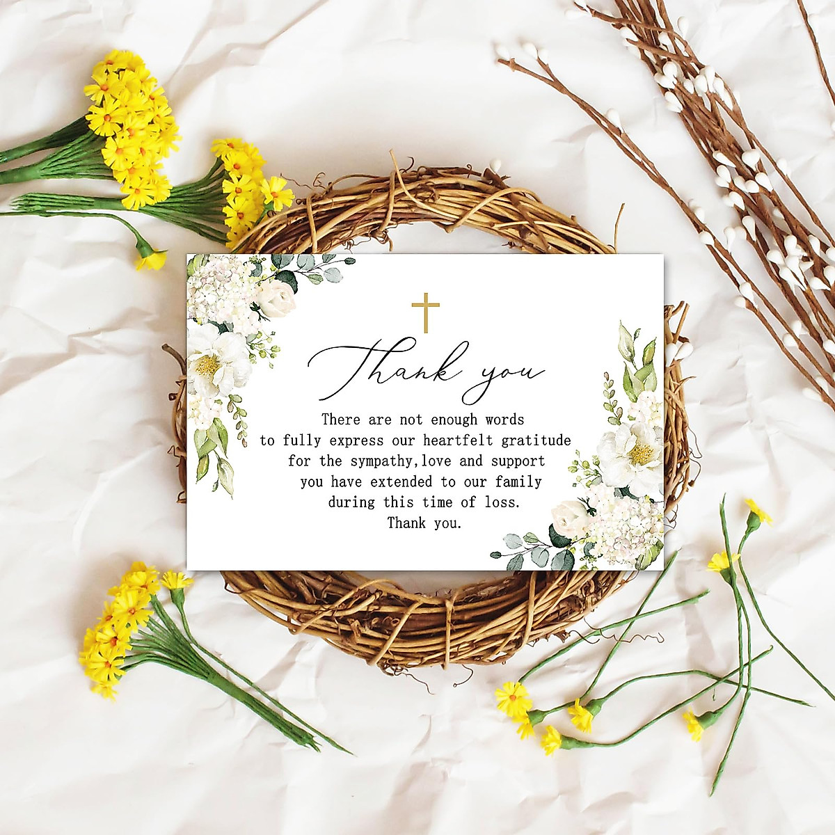 Whaline 48Pcs Funeral Thank You Cards Cross Sympathy Thank You Card with Stickers Envelopes Flower Bereavement Card for Memorial Service Loved Ones Celebration of Life