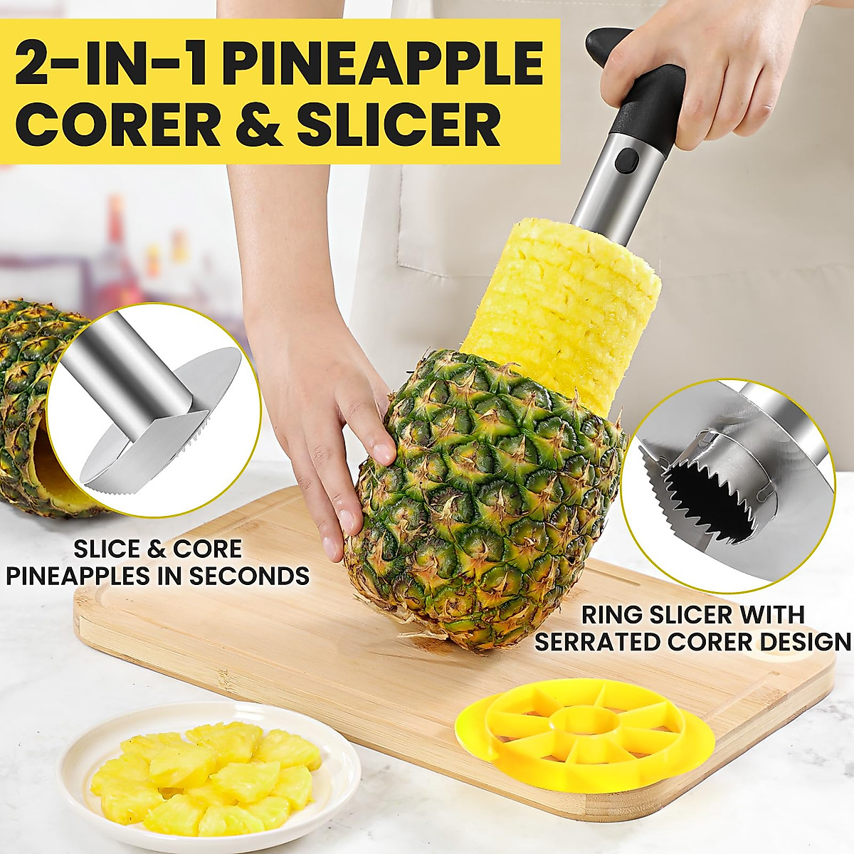 CUNSENR Premium Pineapple Corer and Slicer Tool - Pineapple Cutter with Sharp Serrated Tips - Easy to Use & Clean - Stainless Steel Core Remover for Pineapple - Slice and Core Fruits with Ease(Green)
