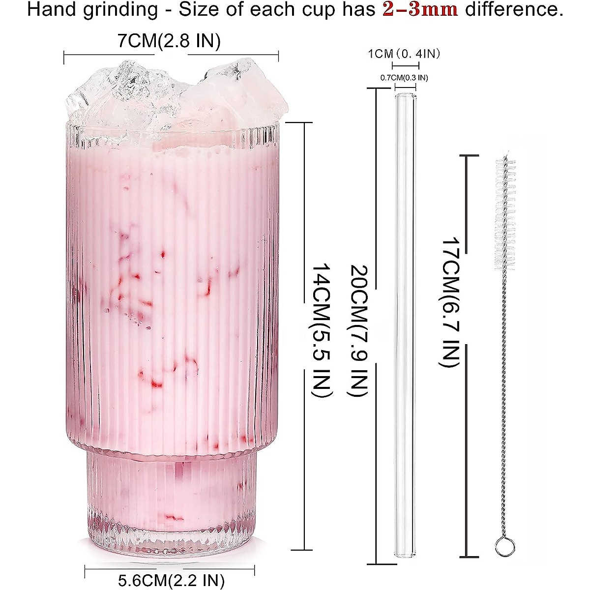 Ribbed Glassware Set of 4, 14oz Ribbed Glass Cups with Glass Straw, Ribbed Juice Glass Fluted Glassware Ribbed Drinking Glasses for Margaritas Whiskey Smoothie Ice Tea Coffee Soda Cocktail Beer Gift