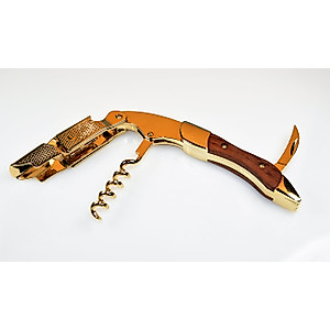 Gold Plated Corkscrew w/Wood Handle Professional Double Hinge Waiters Wine Key