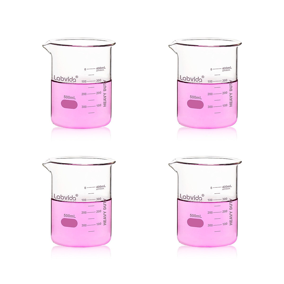 Labvida 4pcs 500ml Upgrated Thick Glass Beakers, Griffin Low Form Beaker Set with Double Scale, 3.3 Boro, LVA012