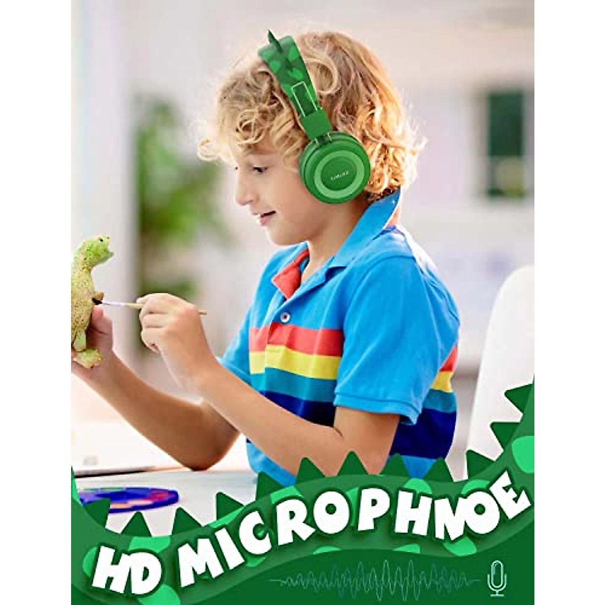 SIMJAR Dinosaur & Cat Ear Kids Headphones with Microphone for School, Volume Limiter 85/94dB, Wired Girls Headphones with Foldable Design for Online Learning/Travel/Tablet/iPad