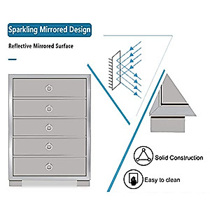 Mirrored 5 Drawers Chest, Modern Solid Wood Accent Storage Cabinet with Silver Finish and Crystal Knobs, 31" Tall Bedroom Dresser, Beautiful Wide Chest of Drawers Sofa Table for Living Room, Silver
