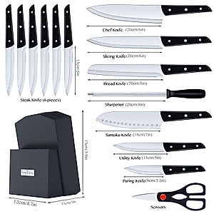 Knife Set with Block, LapEasy 15 Pieces Kitchen Knife Set with Black Pine Knife Holder, Knife Block Set with Sharpener, High Stainless Steel Knives with Comfortable-Grip ABS Handles.