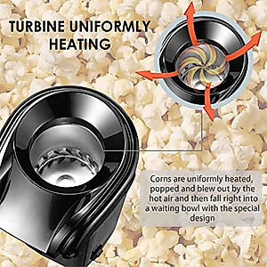 Hot Air Popcorn Popcorn Maker, Electric Popcorn Maker with Measuring Spoon Free Small Popcorn Maker No Oil Fast Air Popped Popcorn Maker for Watching Party Movies & Football Match (Black)