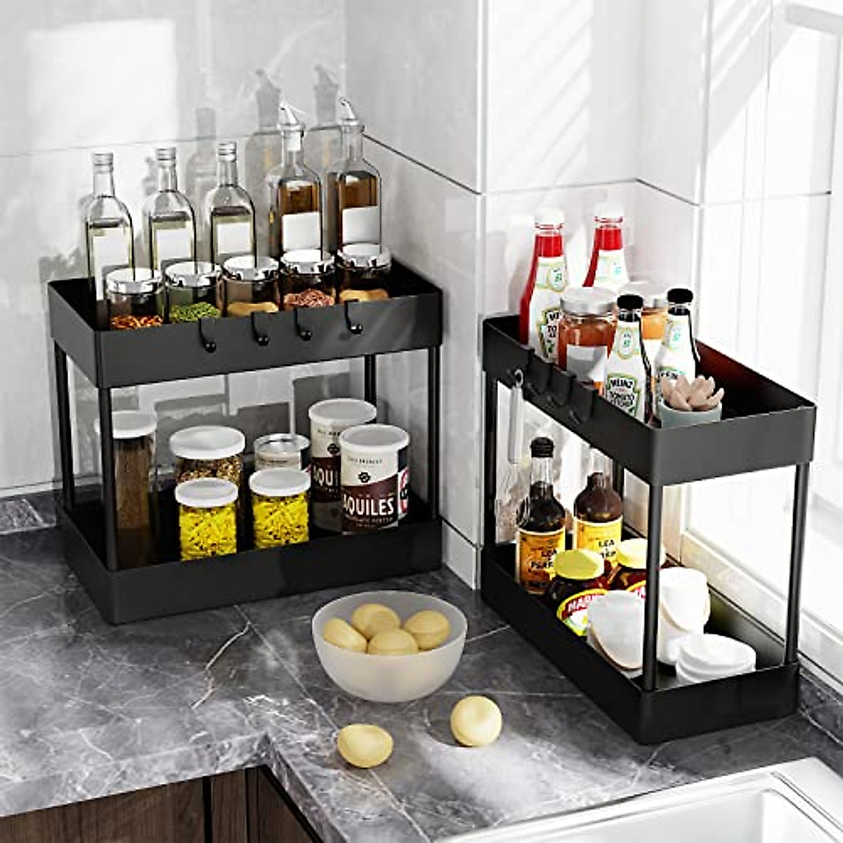 Wekin Under Sink Organizers & Storage 2 PCS, 2 Tier Under Cabinet Basket Organizer for Kitchen Bathroom, 2 Size Multi-Usage Storage Shelf with Hooks, Under the Sink Standing Stackable Rack for Bath