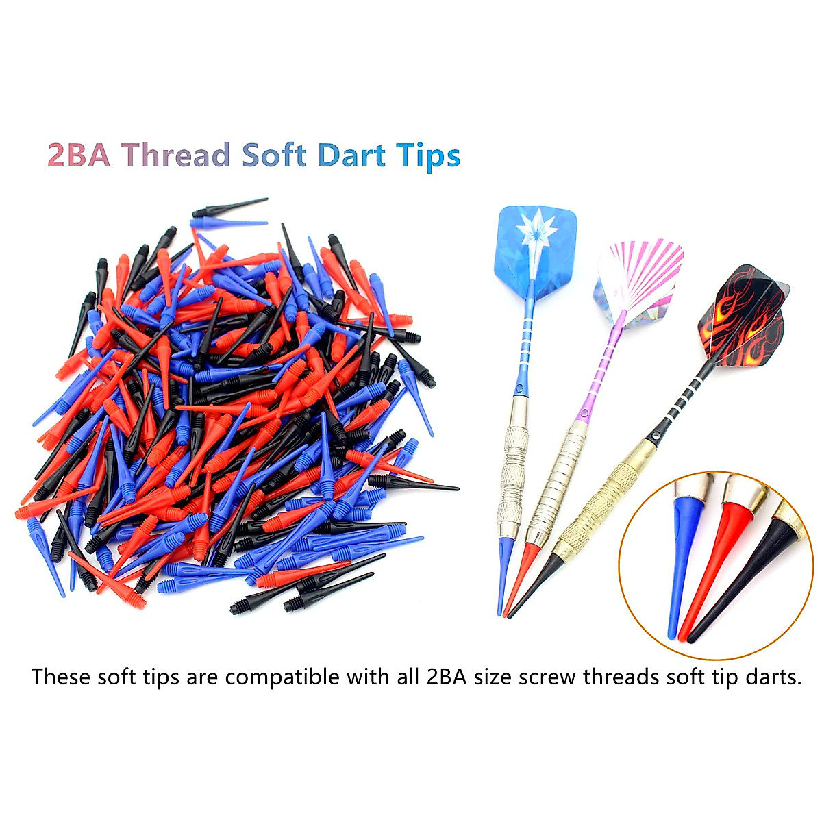 ROOBEEO Soft Dart Tip 2BA Thread Soft Tip Dart Points 300 Packs 3 Colors Plastic Dart Tips Replacement Dart Accessories