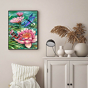 DAICHEL Lotus Diamond Art Painting Kits for Adults - Full Drill Diamond Dots Paintings for Beginners, Dragonfly Round 5D Paint with Diamonds Pictures Gem Art Painting Kits DIY Adult Crafts 12x16inch