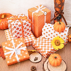 Larcenciel 70 Sheets Fall Tissue Paper, Orange Gift Tissue Paper Bulk for Gift Bags & Gifts Wrapping - Pumpkin Leaves Patterns, Gift Wrap for Autumn Harvest Thanksgiving Halloween Party DIY,19.7x13.8
