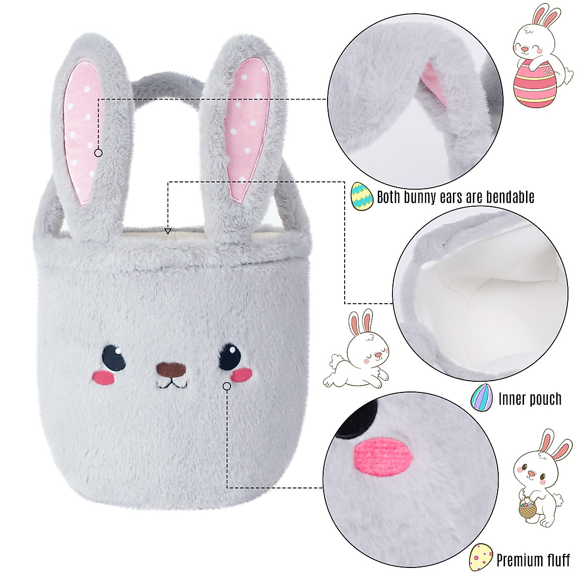 Bunny Easter Basket for Kids, Cute Plush Empty Bucket with Foldable Ears and Handle Egg Hunt Tote Candy Bag Basket for Boy Girl Teens Gift, Easter Basket Decor Grey 9×9 Inch