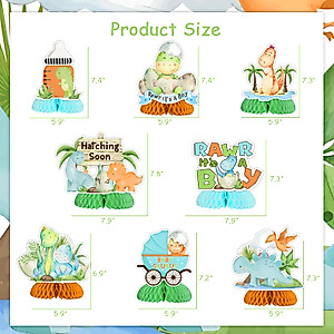 JOYMEMO 8 Pieces Dinosaur Baby Shower Honeycomb Centerpieces for Boys, Hatching Soon Baby Shower Table Decorations, Rawr Its A Boy Dinosaur Themed Party Supplies