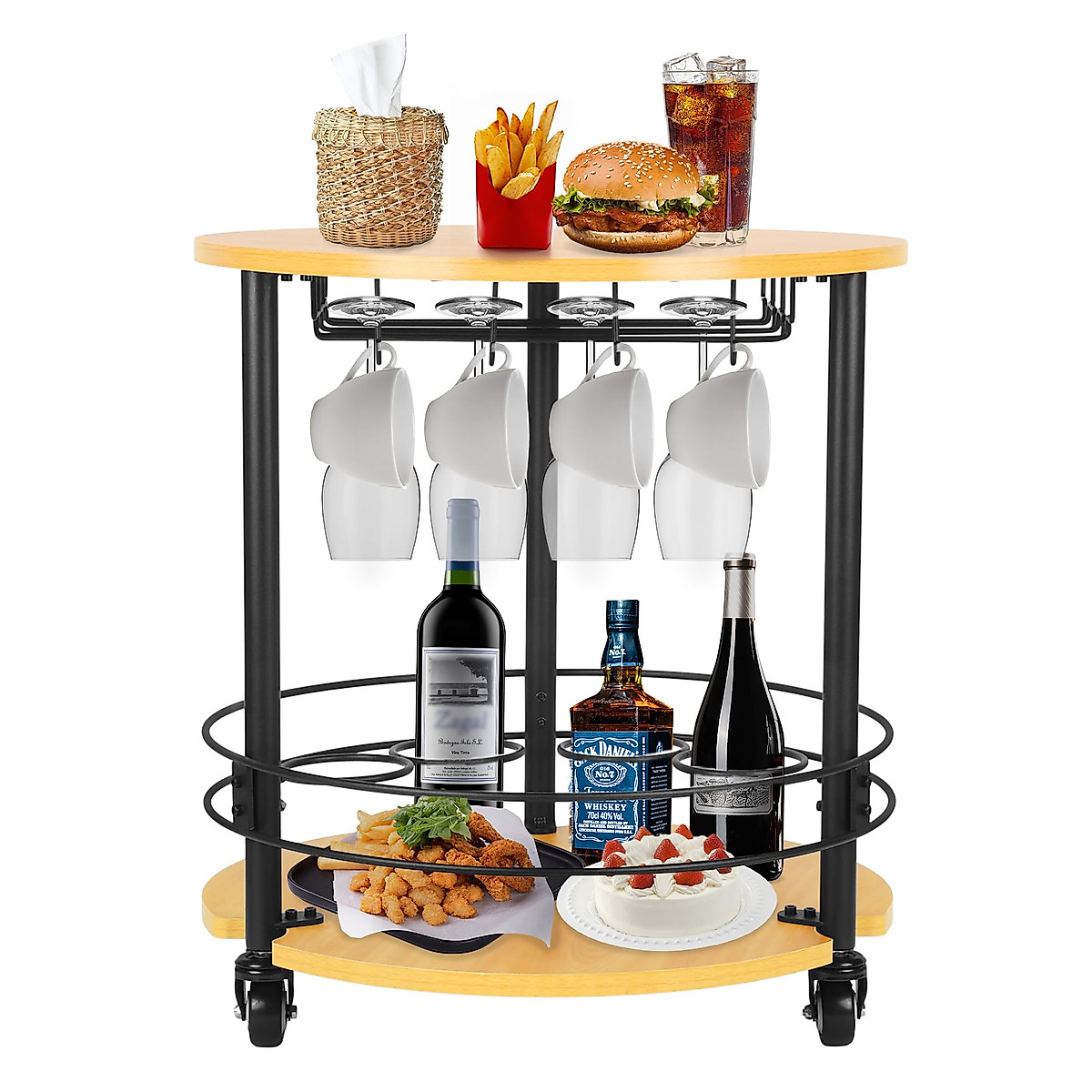 Small Bar Cart with Wheels, 2 Tier Serving Cart for Home Mobile Round Coffee Table Bearing 130 LBS Rolling Beverage Drink Cart, Coffee Corner Station with Wine Rack for Living Room Bedroom Office