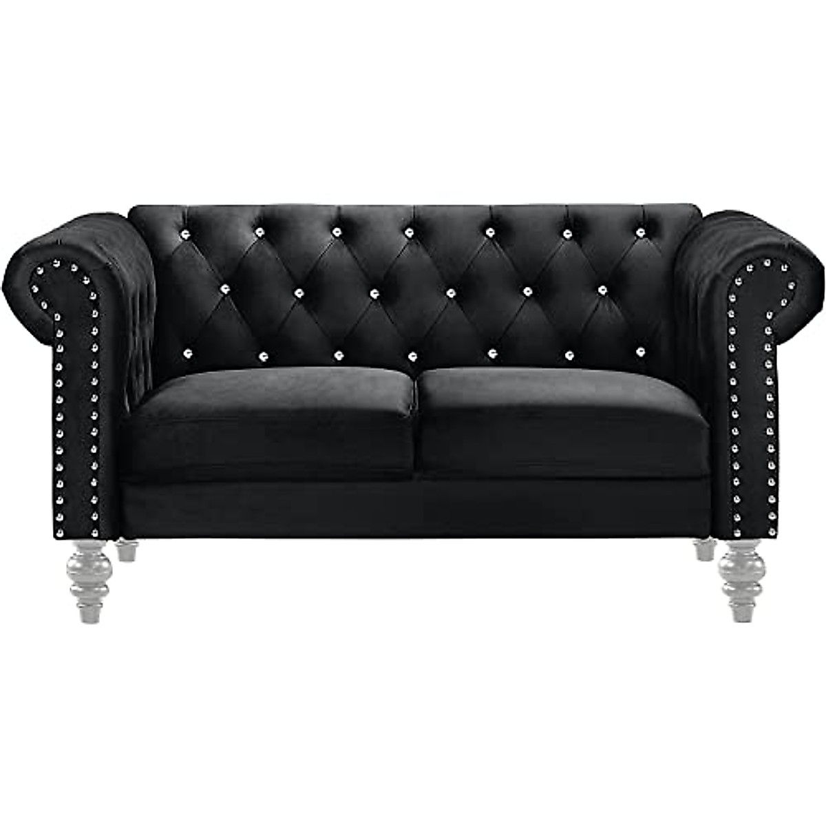 New Classic Furniture Glam Emma Velvet Two Seater Chesterfield Style Loveseat for Small Spaces with Crystal Button Tufts, Black