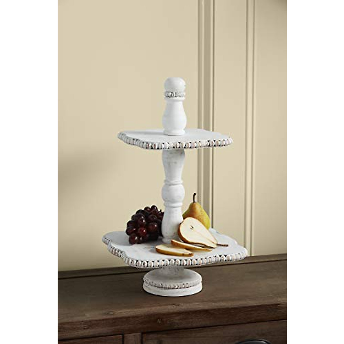 Mud Pie White Beaded Tiered Server, 20" x 13"