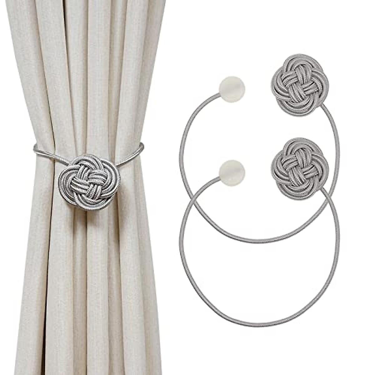 HIASTRA Strong Magnetic Curtain Tiebacks, 2 Pack Curtain Tie Modern Window Decorative Tie Backs for Curtains Rope Outdoor Holder for Sheer Blackout Drapes, Silver Grey