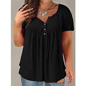 VISLILY Women's Plus Size V Neck Short Sleeve Henley Shirts Pleated Tunic Tops Black 20W