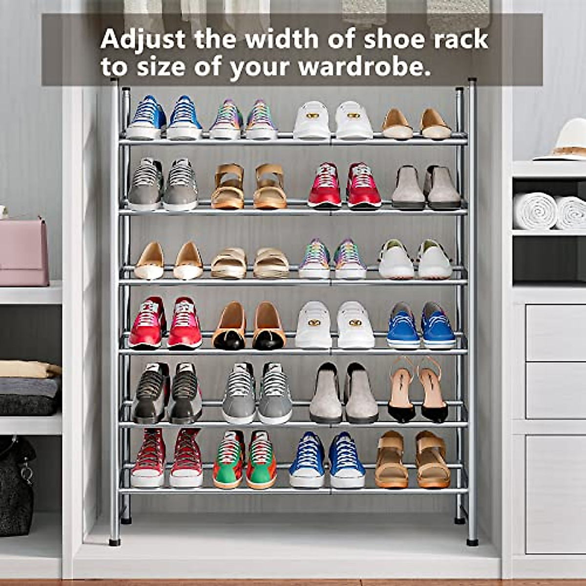 YIZAIJIA Shoe Rack Storage Organizer 6 Tier Expandable Metal Adjustable Shoe Shelf Free Standing Shoe Rack for Entryway Closet Doorway,Silver