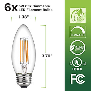 Bioluz LED 93 CRI Medium Base Candelabra Dimmable Filament Clear 60 Watt LED Bulbs (Uses only 5 watts) E26 Base C37 LED Filament Candle Bulbs Title 20 6-Pack