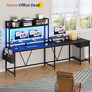 UPOSOJA L Shaped Gaming Desk with Shelves, Reversible 66.9" Corner Computer Desk with Power Outlet and Led Strip, Home Office Desks with Drawer Mobile Monitor Stand Storage Bag(Black)