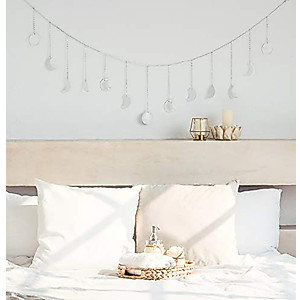 Mkono Moon Phase Wall Hanging Boho Aesthetic Room Decor Metal Moons Garland Hanging Art Bohemian Home Decoration for Girls Room Nursery Bedroom Livingroom Dorm, Ideal Gift, Silver, 55"
