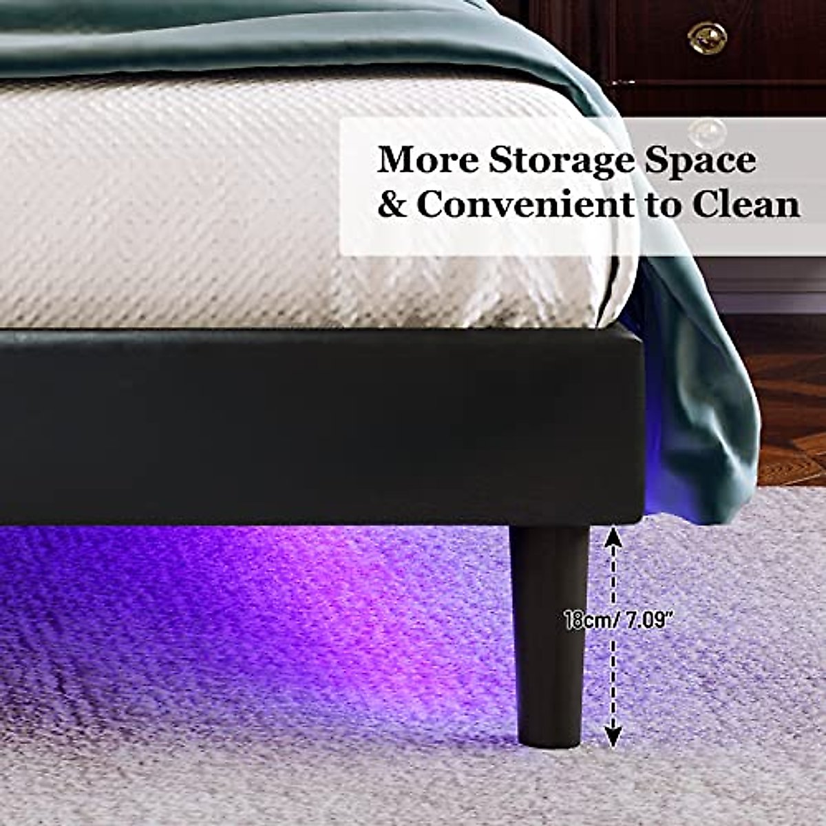 Arisaniasion Queen Size Bed Frame with LED Light Square Stitched Adjustable Headboard Strong Bed, Remote Control Control LED Lights, No Box Spring Needed, Noise Free, Easy Assembly (Black)