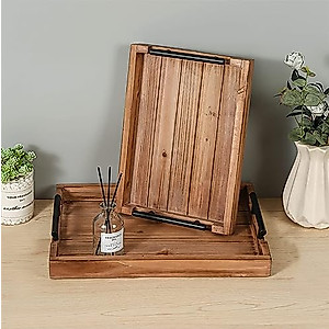 Juleduo 2 Piece Decorative Nested Vintage Wood Serving Tray Set for Eating, Breakfast, Party, Kitchen, Ottoman,Tea Coffee Table& Home Decor, Decorative Serving Trays Set