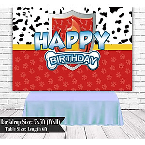 7x5ft Dog Patrol Birthday Backdrop Paw Print Red Fire Shield Happy Birthday Banner Decorations Background for Boys Girls Puppy Dog Birthday Party Cake Table Supplies