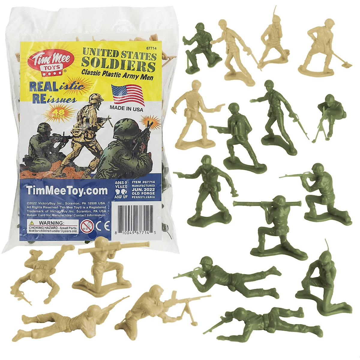 TimMee Plastic Army Men - OD Green vs Tan 48pc Toy Soldier Figures - Made in USA