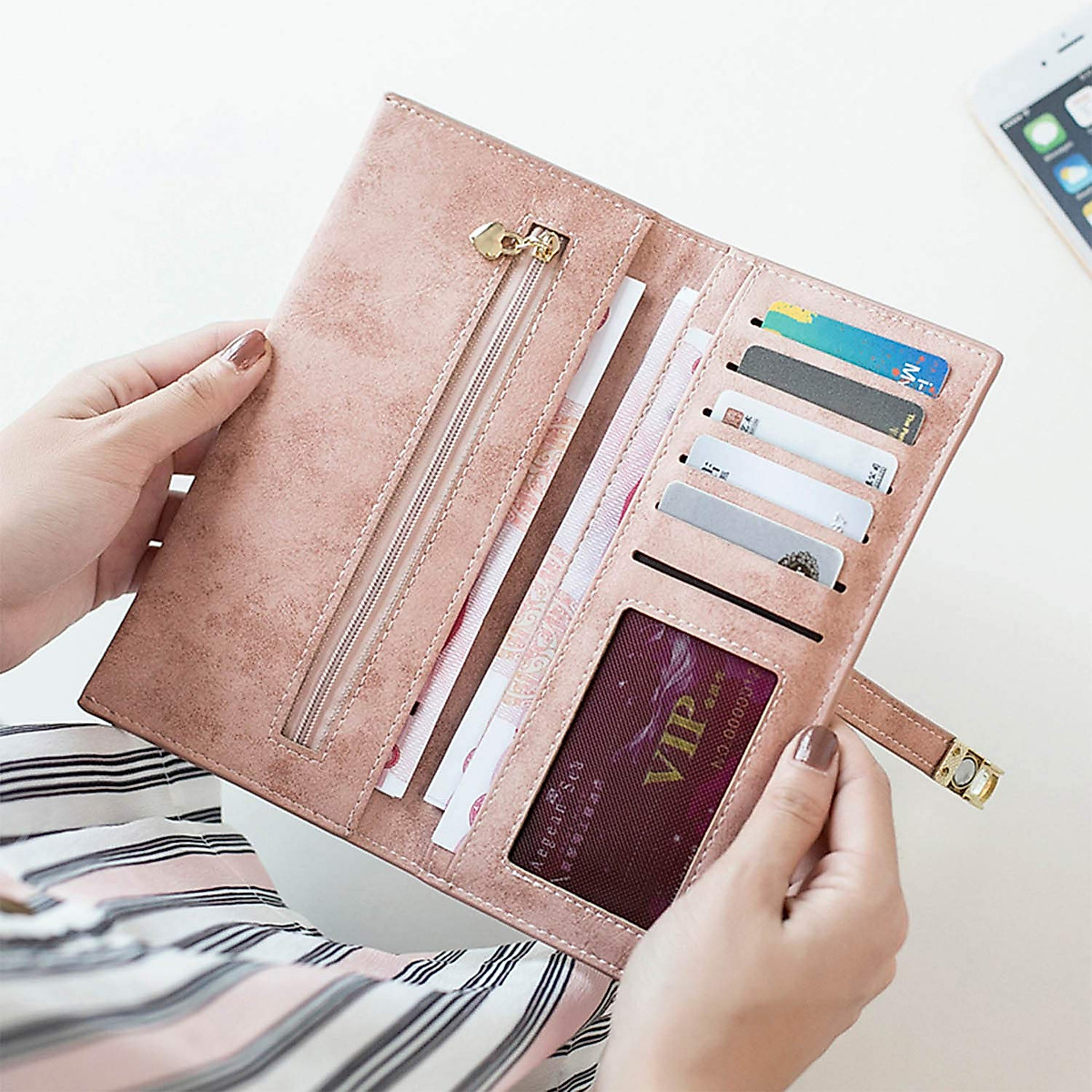 AOXONEL Womens Slim Wallet RFID Ladies Wallets Long Bifold Thin Skinny,Magnetic Closure (Pink)