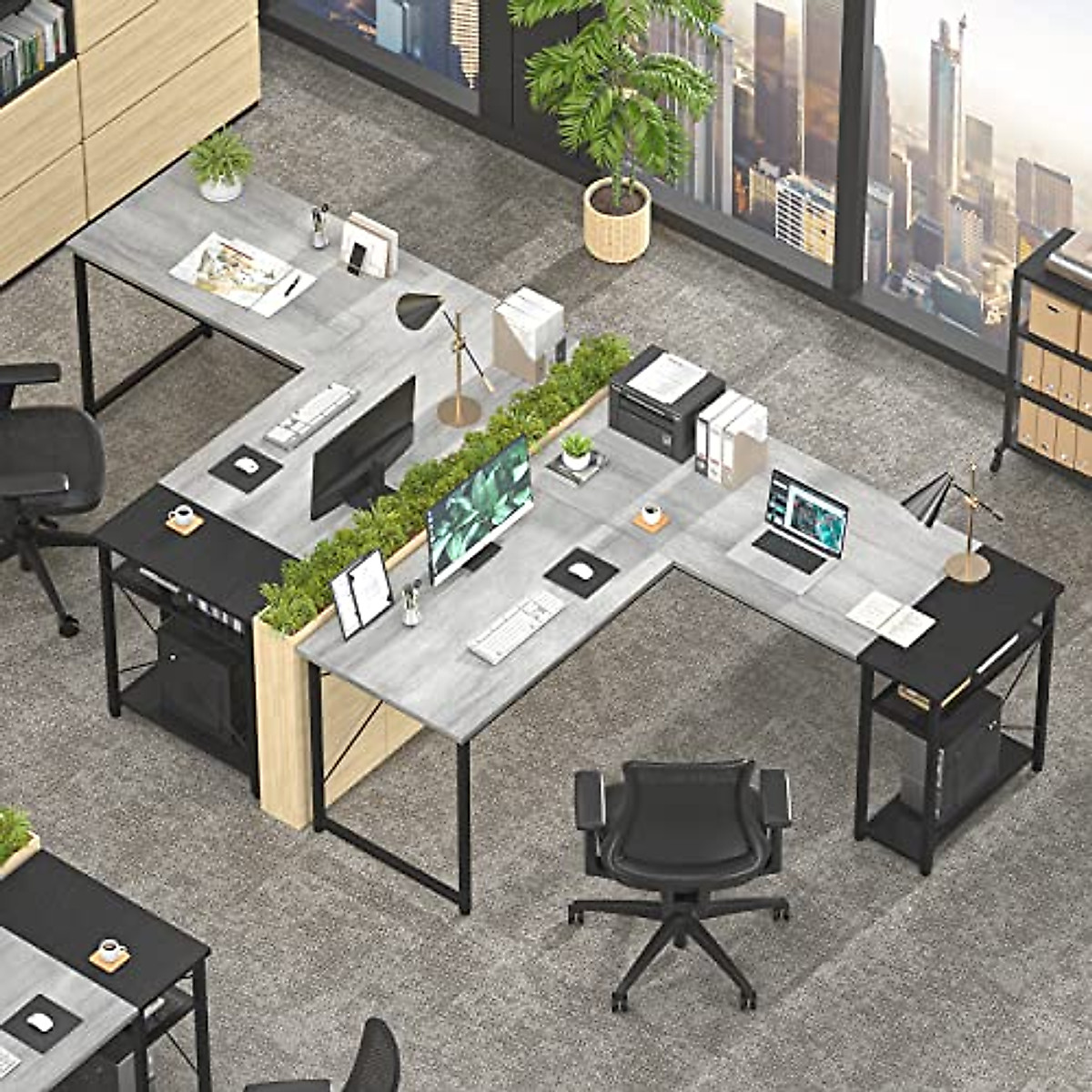 Foxemart L-Shaped Computer Desk, Industrial Corner Desk Writing Study Table with Storage Shelves, Space-Saving, Large Gaming Desk 2 Person Table for Home Office Workstation, Gray Oak and Black