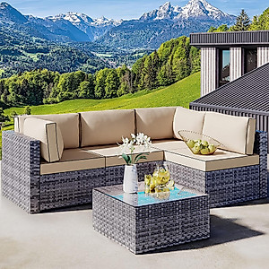 Walsunny Patio Furniture Set, 5 Pieces Outdoor Sectional Sofa Wicker Conversation Sets with Tea Table and Patio Couch Cushions(Khaki)