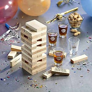 Game Night Tipsy Tower Glass Drinking Game Set w/Wooden Blocks & 4 Lead-Free Shots-Ideal Gift for Birthdays, Father's Day & More, 1 Count (Pack of 1), Brown