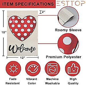Valentines Day Garden Flag, ESTTOP 12×18 Inch Double Sided Vertical Welcome Potka Dot Heart Yard Flag, Farmhouse Rustic Valentines Day Decor for Outdoor