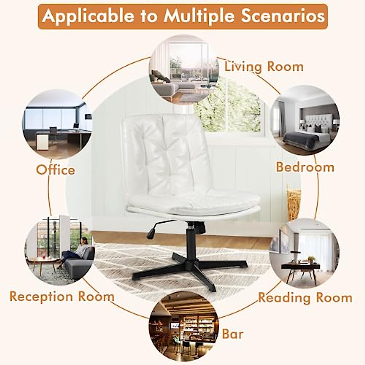 Waleaf Leather Armless Desk Chair No Wheels Swivel Chair Padded Modern Cute Office Chair Height Adjustable Wide Seat Cross Legged Chair for Home Office Desk Chair Vanity Chair Mid Back (White)