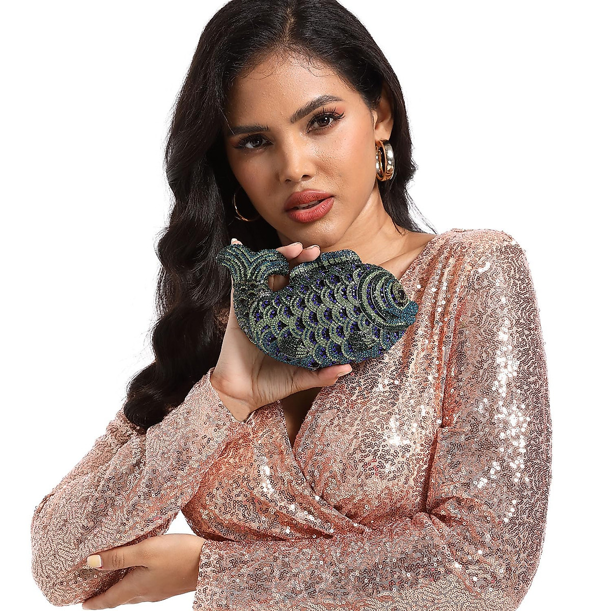 Boutique De FGG Fish Crystal Clutch Purse Formal Evening Bags Women Prom Clutch Bag Wedding Party Rhinestone Handbags,Mini,Orange&Blue