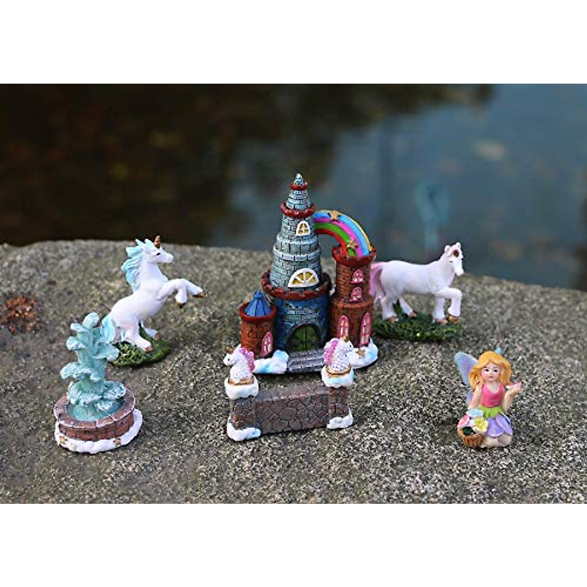 BangBangDa Unicorn Figurines Fairy Garden Accessories - Miniature Unicorn Gift Set Outdoor Garden Decoration – Fairy Figurines Castle Fountain Girl Birthday Gifts (Set of 23)