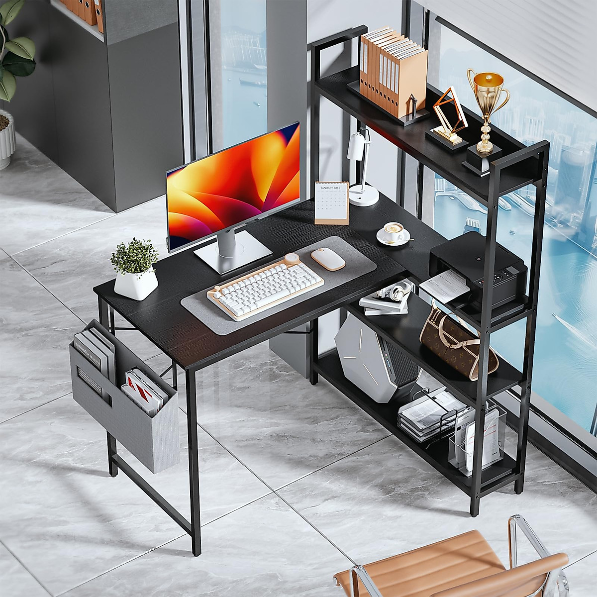 WASAGUN 40 Inch Small L Shaped Computer Desk with Storage Shelves, Home Office Corner Reversible Desk Study Writing Table with Hutch, Black