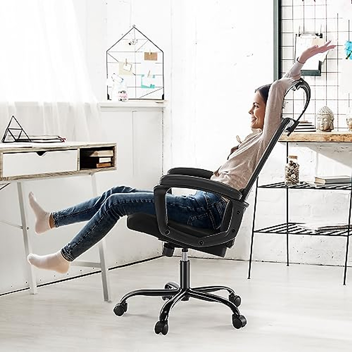 JHK Home Office Desk Chair, Ergonomic Office Chair with Adjustable Headrest and Soft PU Armrest, Swivel Rolling Chair Mesh Reclining Computer Chair with Lumbar Support and Tilt Function, Black
