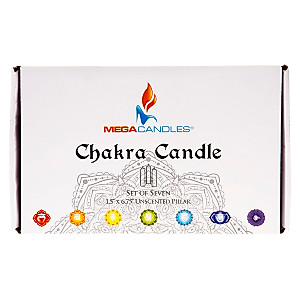 Mega Candles 7 pcs Unscented Chakra Bell Top Pillar Candle, Hand Poured Premium Wax Candles 1.5 Inch x 6.75 Inch, Cotton Wick, Promotes Positive Energy, Aids Meditation & Relaxation