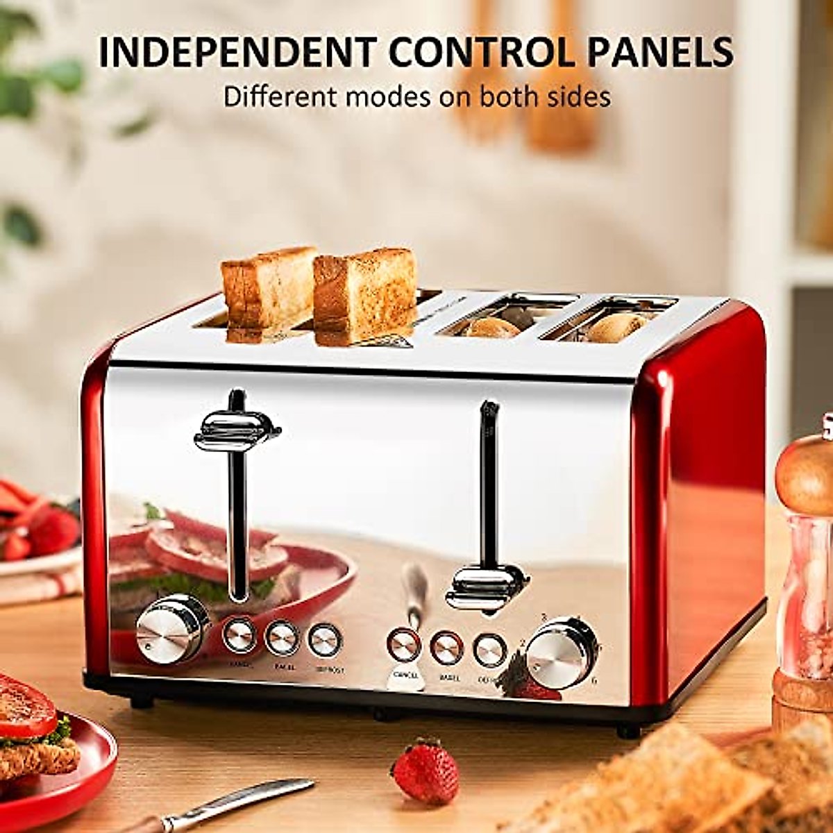 REDMOND Toaster 4 Slice Stainless Steel, Wide Slots 4 Slice Toaster with Bagel Defrost Cancel Function 6 Bread Shade Settings for Bread waffles Auto Shutoff Red