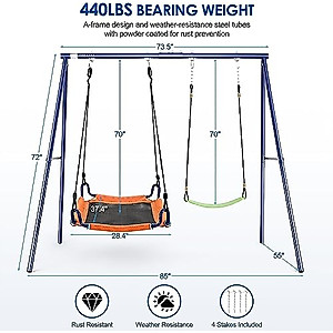 Swing Sets for Backyard - Outdoor Swing Set for Kids Adults with Heavy Duty Metal A-Frame Stand, Adjustable Platform Saucer Swing Seat and Belt Swing Seat Playground Playset Holds 440 lbs Blue