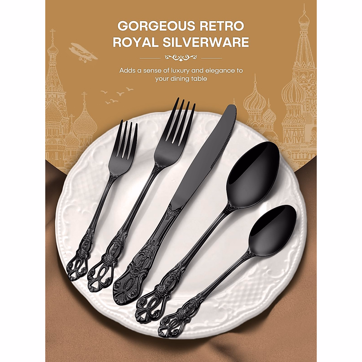 Stapava 48 Pcs Black Silverware Set with Steak Knives, Gorgeous Retro Royal Silverware Set for 8, Stainless Steel Mirror Flatware Cutlery Set, Include Forks Spoons and Knives set, Dishwasher Safe