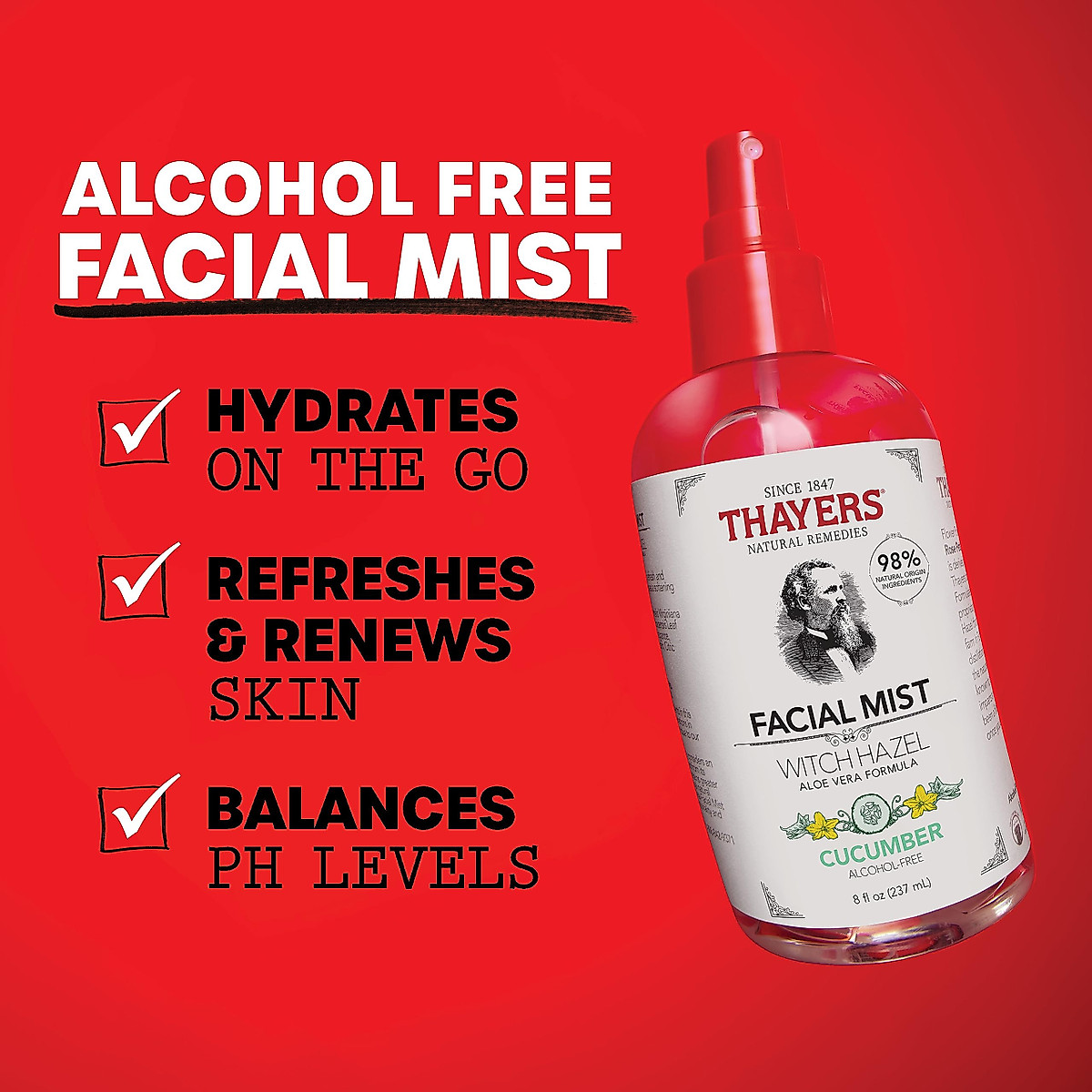 Thayers Alcohol-Free Witch Hazel Facial Mist Toner with Aloe Vera, Cucumber, Soothing and Hydrating, For All Skin Types, 8 oz