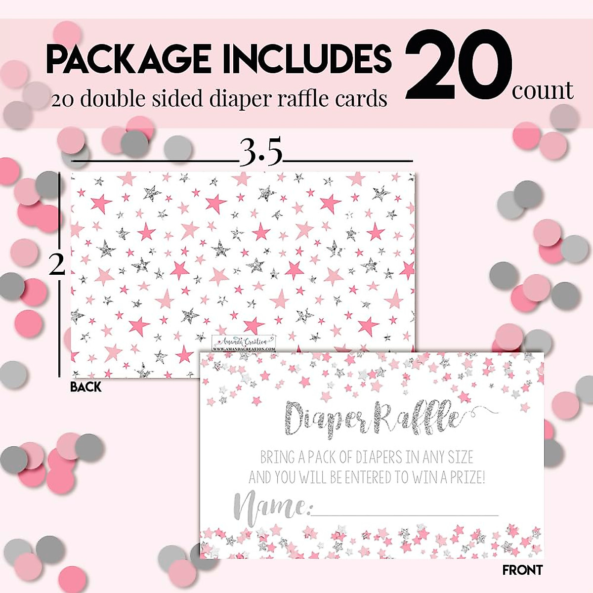 Amanda Creation Pink & Silver Twinkle Little Star Themed Diaper Raffle Tickets for Girl Baby Showers, 20 2" X 3” Double Sided Inserts, Bring a Pack of Diapers to Win Favors & Prizes!