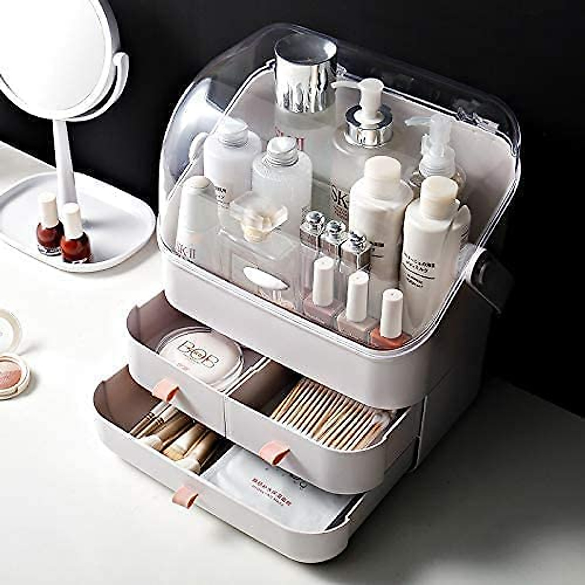 LINFIDITE Cosmetic Storage Box with Lid Makeup Organizer Box with Dust Free Cover Portable Handle,Large Makeup Display Case with Drawers Fully Open Lid,Great for Dresser Bathroom Countertop