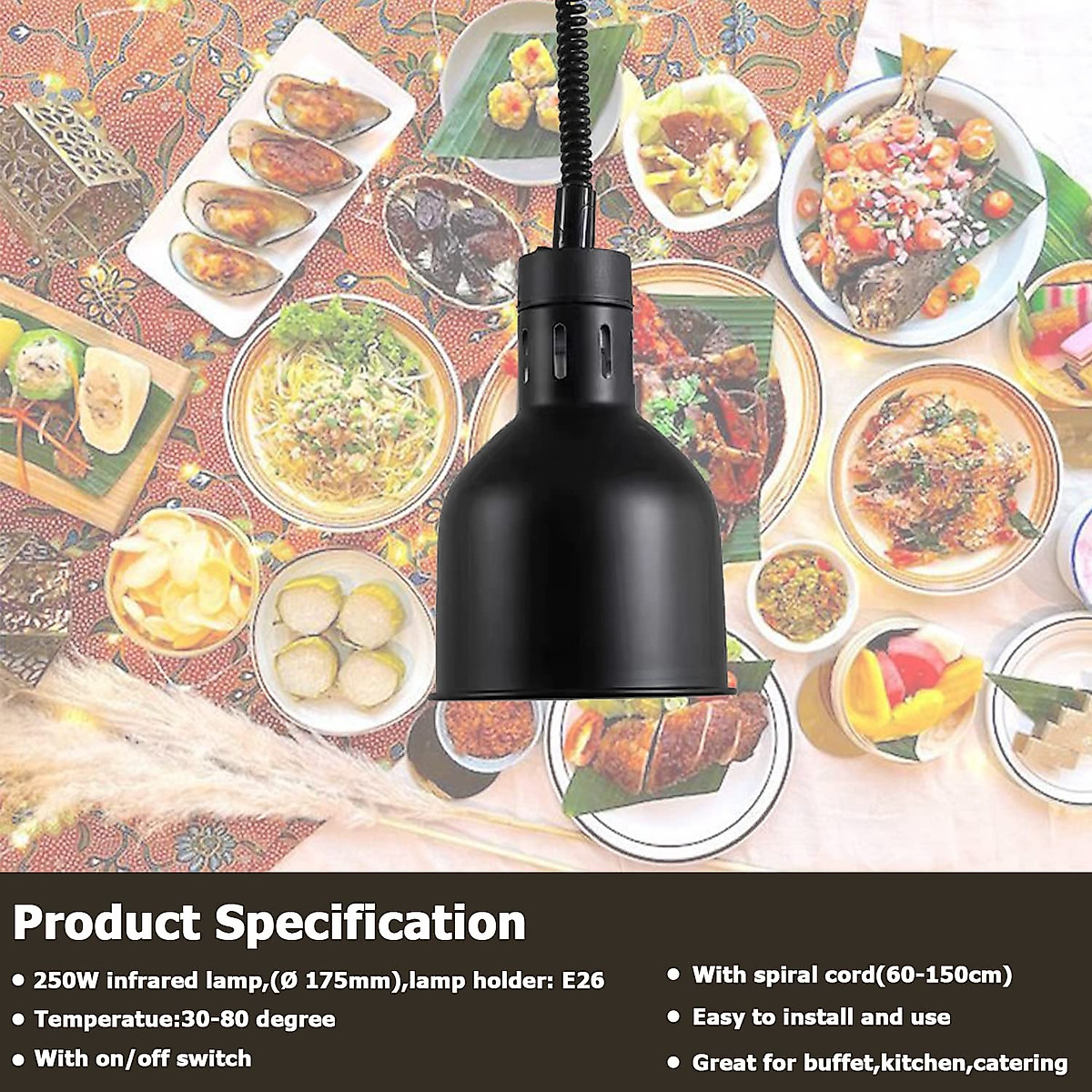 KOUWO Hanging Food Heat Lamp Buffet Food Warmer Light Heating Lamp for Food Commercial (Black)