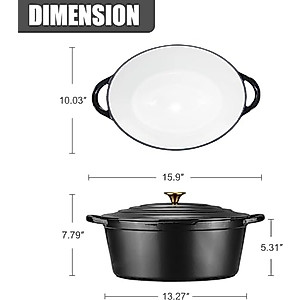 Enameled Cast Iron Oval Dutch Oven, 7 qt Oval Dutch Oven Pot with Lid and Dual Handles for Braising, for Braising, Broiling, Bread Baking, Frying, Black