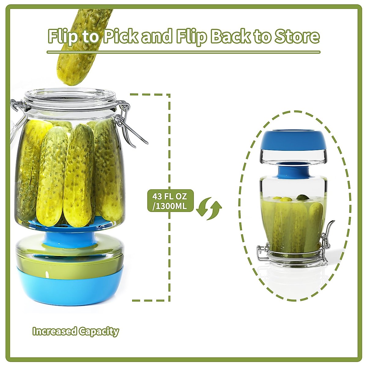 77L Upgrade Pickle Jar with Strainer Flip, 100 Percent Airtight and Leak Proof Glass Hourglass Pickle Juice Separator Jar for Olive and Jalapenos, 1300ML Pickle Container for Pickling and Storing