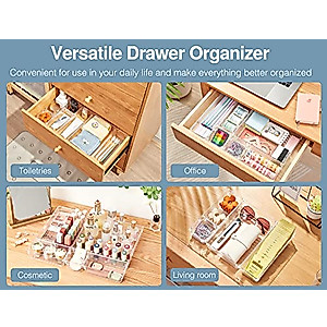 Puroma 18Pcs Drawer Organizer Set 4-size Versatile Vanity and Bathroom Drawer Organizers, Clear Plastic Desk Drawer Organizer Trays and Customize Layout Storage Bins for Makeup Kitchen Office (Clear)
